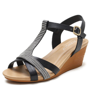 BS114 Bohemian Slope Heel Roman Shoes Women Summer Retro One With Vacation Large Size Slope Heel Sandals Women