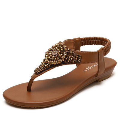 BS119 Sandals Female Slope Heel New Summer Flip Flops Rhinestone Fairy Style Simple Seaside Vacation Roman Shoes W
