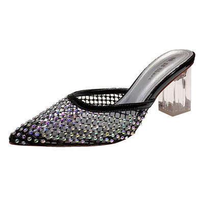 3111-2 Korean Fashion Pointed Shallow High Heeled Shoes Net Red Diamond Sandals Thick Heel Gauze Show Thin Back Empty Wo