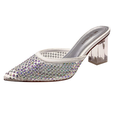 3111-2 Korean Fashion Pointed Shallow High Heeled Shoes Net Red Diamond Sandals Thick Heel Gauze Show Thin Back Empty Wo