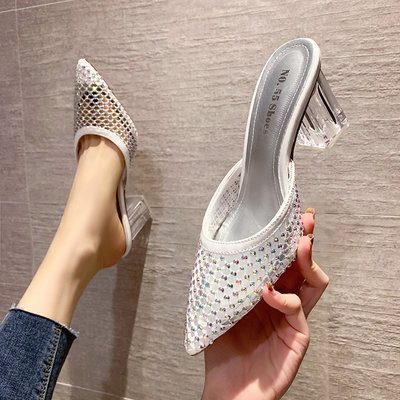 3111-2 Korean Fashion Pointed Shallow High Heeled Shoes Net Red Diamond Sandals Thick Heel Gauze Show Thin Back Empty Wo