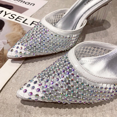 3111-2 Korean Fashion Pointed Shallow High Heeled Shoes Net Red Diamond Sandals Thick Heel Gauze Show Thin Back Empty Wo