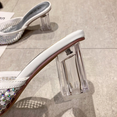 3111-2 Korean Fashion Pointed Shallow High Heeled Shoes Net Red Diamond Sandals Thick Heel Gauze Show Thin Back Empty Wo