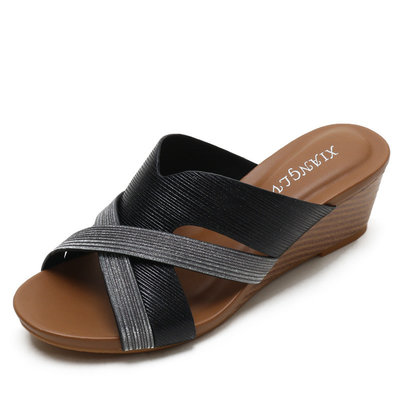 BS128 Slope heel sandals for women's outer wear, fashion platform, thick-soled platform, casual large size, one-word san