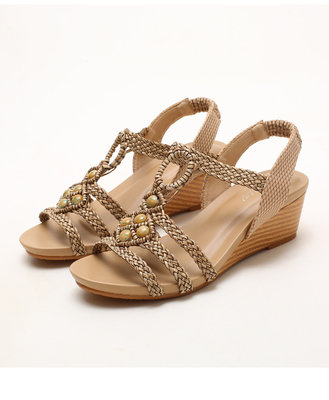 BS130 Sime Women'S Slope Heel Sandals Women'S Summer Travel Vacation Sandals Women'S Retro Woven Beaded Roman Shoes Beac
