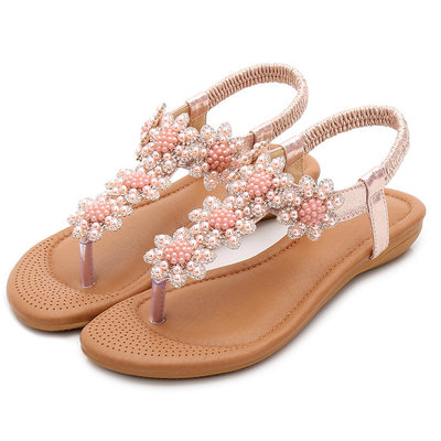 BS131 Bohemian Sandals Summer Rhinestone Beaded Ethnic Style Flat Shoes Flip Herringbone Women Fashion Women'S Shoes