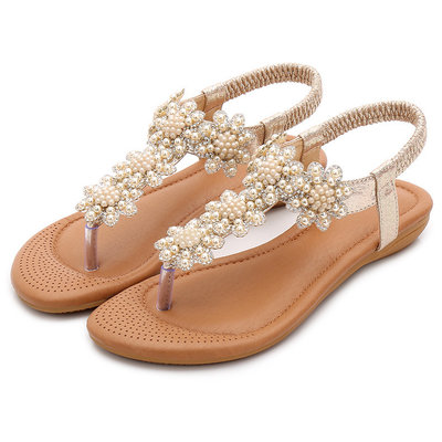BS131 Bohemian Sandals Summer Rhinestone Beaded Ethnic Style Flat Shoes Flip Herringbone Women Fashion Women'S Shoes