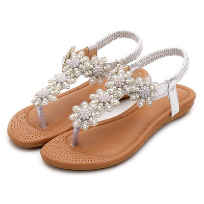 BS131 Bohemian Sandals Summer Rhinestone Beaded Ethnic Style Flat Shoes Flip Herringbone Women Fashion Women'S Shoes