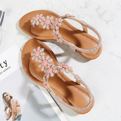 BS131 Bohemian Sandals Summer Rhinestone Beaded Ethnic Style Flat Shoes Flip Herringbone Women Fashion Women'S Shoes