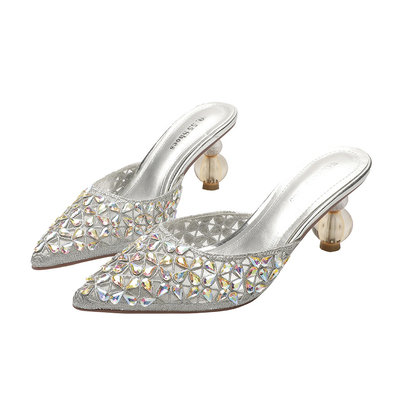 6111-1 Korean fashion pointed shallow mouth high heels sexy thin rhinestone sandals net celebrity party sandals women's