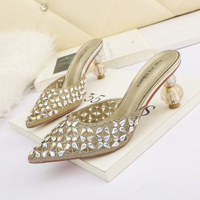 6111-1 Korean fashion pointed shallow mouth high heels sexy thin rhinestone sandals net celebrity party sandals women's