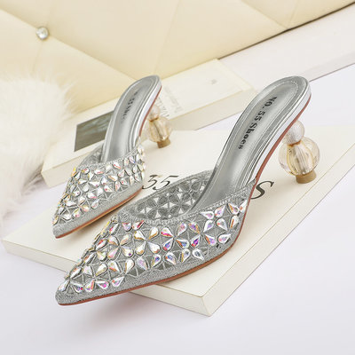 6111-1 Korean fashion pointed shallow mouth high heels sexy thin rhinestone sandals net celebrity party sandals women's