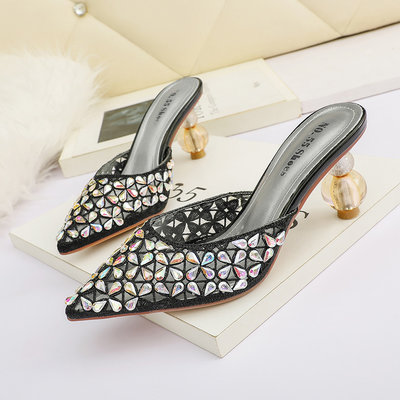 6111-1 Korean fashion pointed shallow mouth high heels sexy thin rhinestone sandals net celebrity party sandals women's