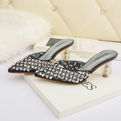 6111-1 Korean fashion pointed shallow mouth high heels sexy thin rhinestone sandals net celebrity party sandals women's