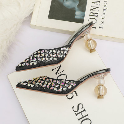 6111-1 Korean fashion pointed shallow mouth high heels sexy thin rhinestone sandals net celebrity party sandals women's