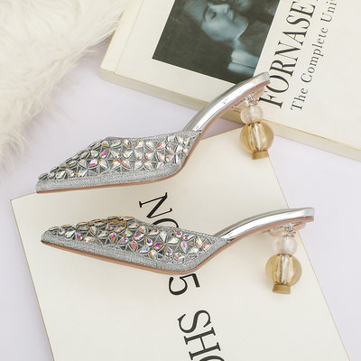 6111-1 Korean fashion pointed shallow mouth high heels sexy thin rhinestone sandals net celebrity party sandals women's