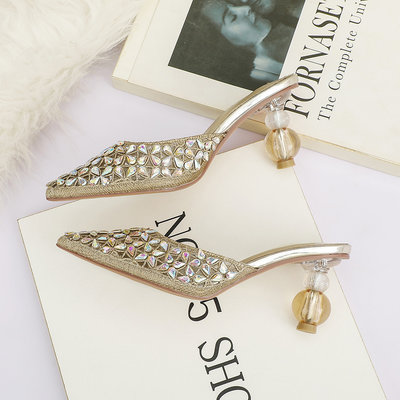 6111-1 Korean fashion pointed shallow mouth high heels sexy thin rhinestone sandals net celebrity party sandals women's