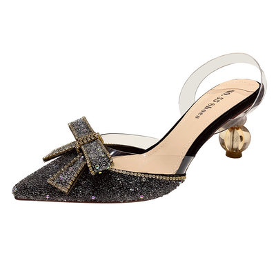 6111-2 European And American Sexy Pointed Bow High Heels Net Red Rhinestone Sandals Hollow Word Transparent Belt Women'S