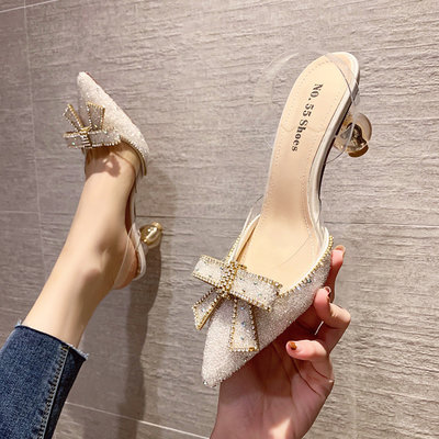 6111-2 European And American Sexy Pointed Bow High Heels Net Red Rhinestone Sandals Hollow Word Transparent Belt Women'S