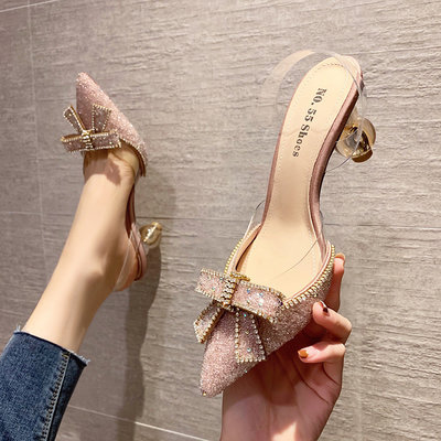 6111-2 European And American Sexy Pointed Bow High Heels Net Red Rhinestone Sandals Hollow Word Transparent Belt Women'S