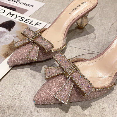 6111-2 European And American Sexy Pointed Bow High Heels Net Red Rhinestone Sandals Hollow Word Transparent Belt Women'S