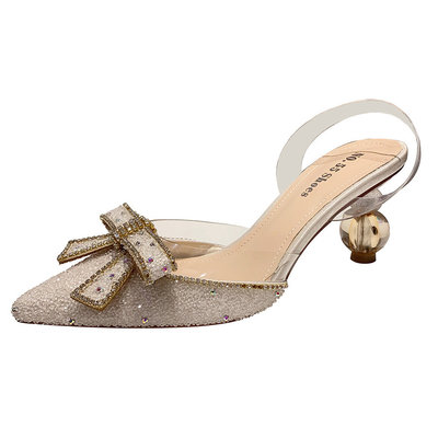 6111-2 European And American Sexy Pointed Bow High Heels Net Red Rhinestone Sandals Hollow Word Transparent Belt Women'S