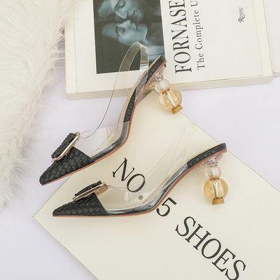 6111-5 European And American Sexy Pointed Toe Square Buckle High Heels, One Word With Rhinestone Sandals, Transparent Re
