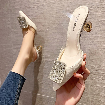 6111-6 Korean Fashion Pointed Shallow Mouth High Heels Rhinestones Thin Square Buckle Sandals Net Red One Word Belt Wome