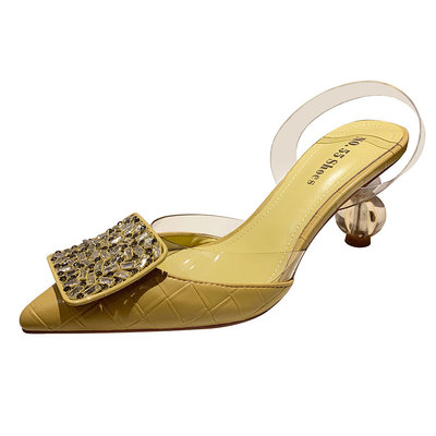 6111-6 Korean Fashion Pointed Shallow Mouth High Heels Rhinestones Thin Square Buckle Sandals Net Red One Word Belt Wome