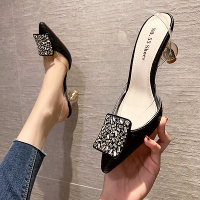 6111-6 Korean Fashion Pointed Shallow Mouth High Heels Rhinestones Thin Square Buckle Sandals Net Red One Word Belt Wome