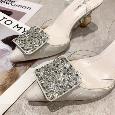 6111-6 Korean Fashion Pointed Shallow Mouth High Heels Rhinestones Thin Square Buckle Sandals Net Red One Word Belt Wome