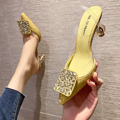 6111-6 Korean Fashion Pointed Shallow Mouth High Heels Rhinestones Thin Square Buckle Sandals Net Red One Word Belt Wome