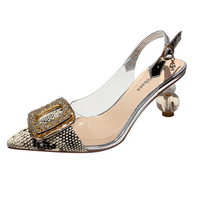 6111-7 Sexy Pointed-Toe Rhinestone Snake Print High-Heeled Shoes With Thin Sandals And Transparent Back Straps Women'S S