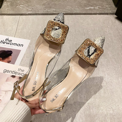 6111-7 Sexy Pointed-Toe Rhinestone Snake Print High-Heeled Shoes With Thin Sandals And Transparent Back Straps Women'S S