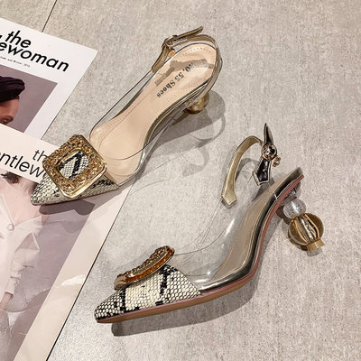 6111-7 Sexy Pointed-Toe Rhinestone Snake Print High-Heeled Shoes With Thin Sandals And Transparent Back Straps Women'S S