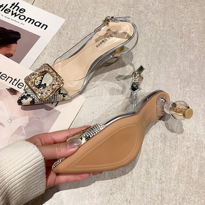 6111-7 Sexy Pointed-Toe Rhinestone Snake Print High-Heeled Shoes With Thin Sandals And Transparent Back Straps Women'S S