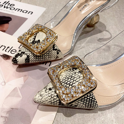 6111-7 Sexy Pointed-Toe Rhinestone Snake Print High-Heeled Shoes With Thin Sandals And Transparent Back Straps Women'S S