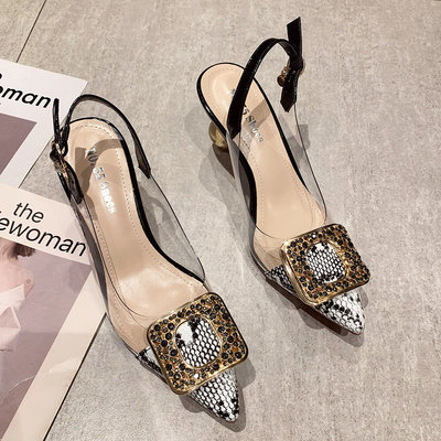 6111-7 Sexy Pointed-Toe Rhinestone Snake Print High-Heeled Shoes With Thin Sandals And Transparent Back Straps Women'S S