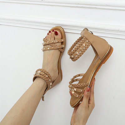 BS134 Foreign Trade Sandals Women 2021 New Wild Fairy Style Flat Bottom Summer Ladies Fashion Rivet Roman Shoes Footwear