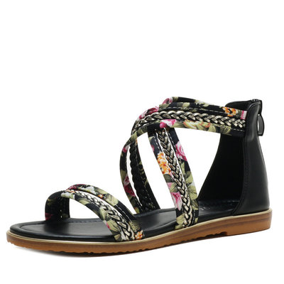 BS135 Sandals Female Summer Flat Bottom Fairy Style Open-Toed Floral Cloth Word With Non-Slip Roman Shoes Women'S Shoes