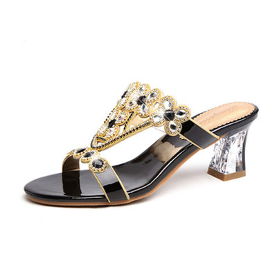 BS138 Rhinestone High-Heeled Slippers Summer New Outdoor Wear Sandals Ladies Sexy Thick-Heeled Flip Flops Flower Women'S