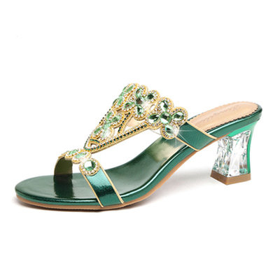 BS138 Rhinestone High-Heeled Slippers Summer New Outdoor Wear Sandals Ladies Sexy Thick-Heeled Flip Flops Flower Women'S
