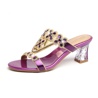 BS138 Rhinestone High-Heeled Slippers Summer New Outdoor Wear Sandals Ladies Sexy Thick-Heeled Flip Flops Flower Women'S