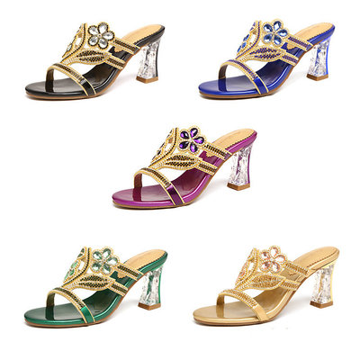 BS139 Rhinestone High-Heeled Slippers Summer 2021 New Outdoor Wear Sandals Ladies Sexy Thick-Heeled Flip Flops Flower Wo