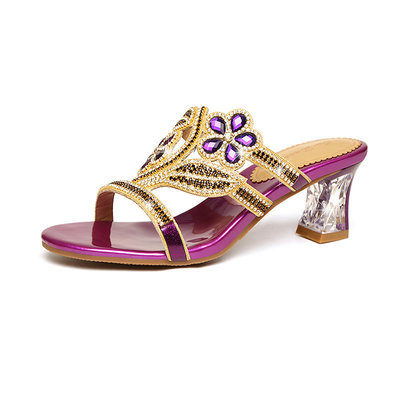 BS139 Rhinestone High-Heeled Slippers Summer 2021 New Outdoor Wear Sandals Ladies Sexy Thick-Heeled Flip Flops Flower Wo
