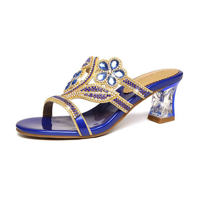 BS139 Rhinestone High-Heeled Slippers Summer 2021 New Outdoor Wear Sandals Ladies Sexy Thick-Heeled Flip Flops Flower Wo