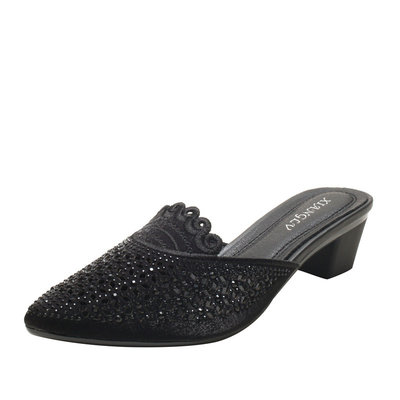 BS145 Baotou Half Slippers For Women'S Outer Wear, Summer New Style Thick With Rhinestone Pointed Toe Fashion Ladies Hig
