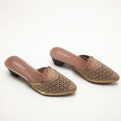 BS145 Baotou Half Slippers For Women'S Outer Wear, Summer New Style Thick With Rhinestone Pointed Toe Fashion Ladies Hig