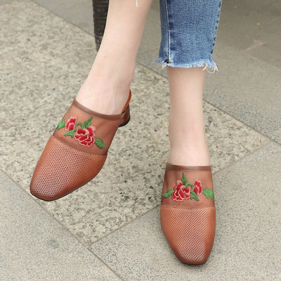 HZM006 Sandals Women'S Leather Embroidered Slippers Ethnic Lazy Shoes Hollow Breathable Retro Classic Women'S Shoes Embr