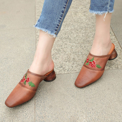 HZM006 Sandals Women'S Leather Embroidered Slippers Ethnic Lazy Shoes Hollow Breathable Retro Classic Women'S Shoes Embr